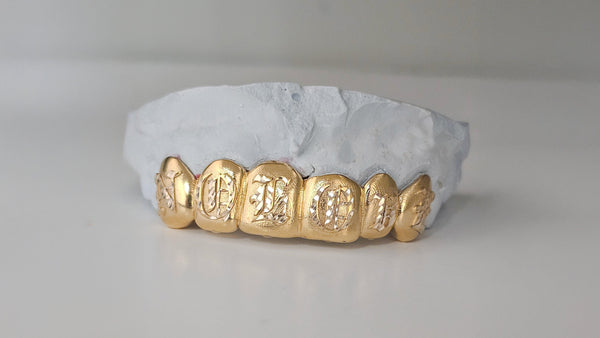 Gold Grillz with Diamond-Cut NAME DQ1037 – Gold Teeth America